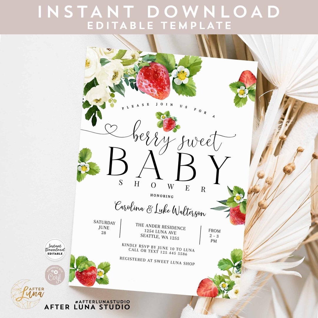 Editable Strawberry Baby Shower Invitation Berry Sweet Baby Shower ...