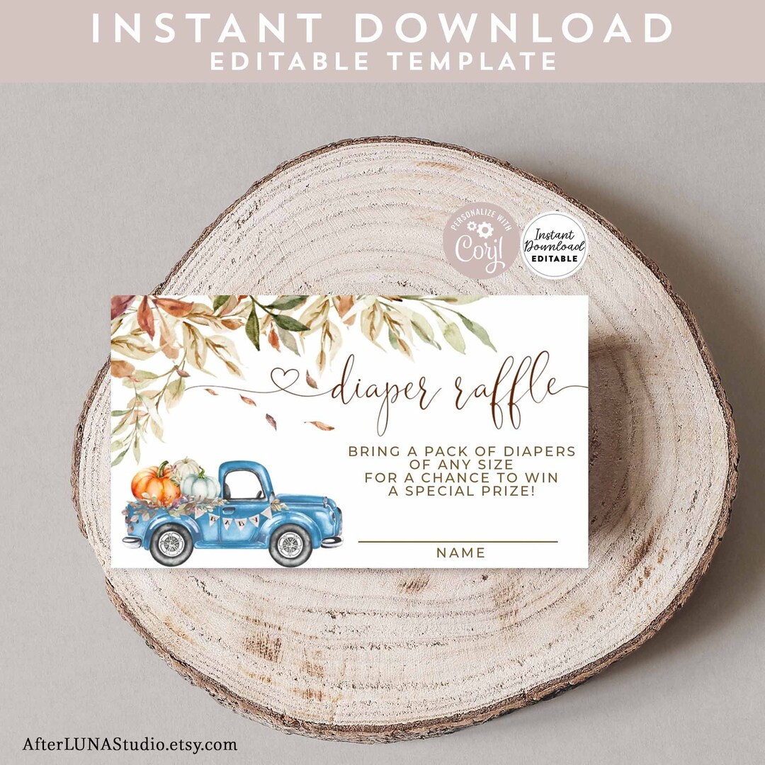 Editable Fall Pumpkin Truck Blue Pickup Truck Baby Shower Diaper Raffle ...