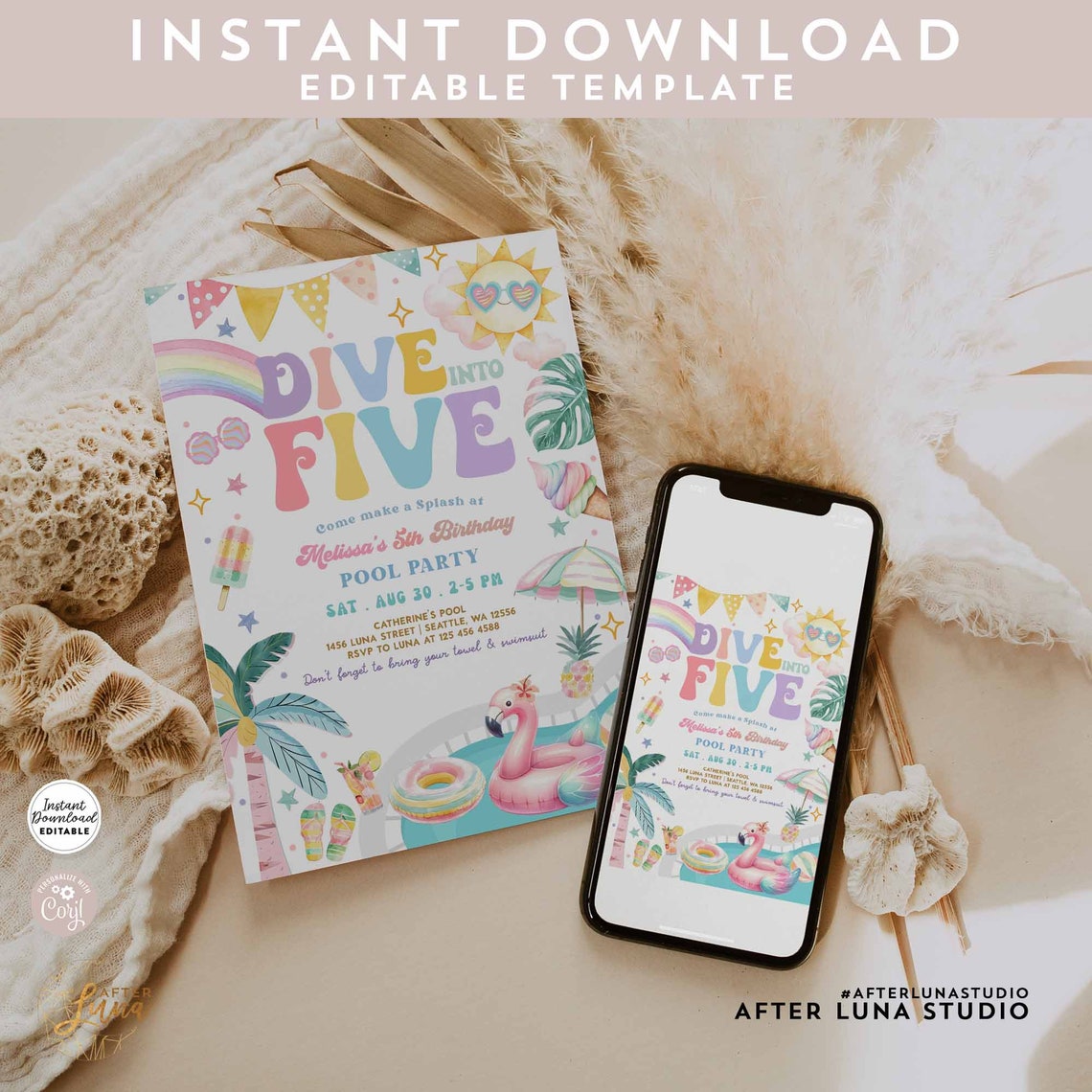 Editable Dive Into FIVE 5th Pool Party Birthday Invitation Girly Pool ...