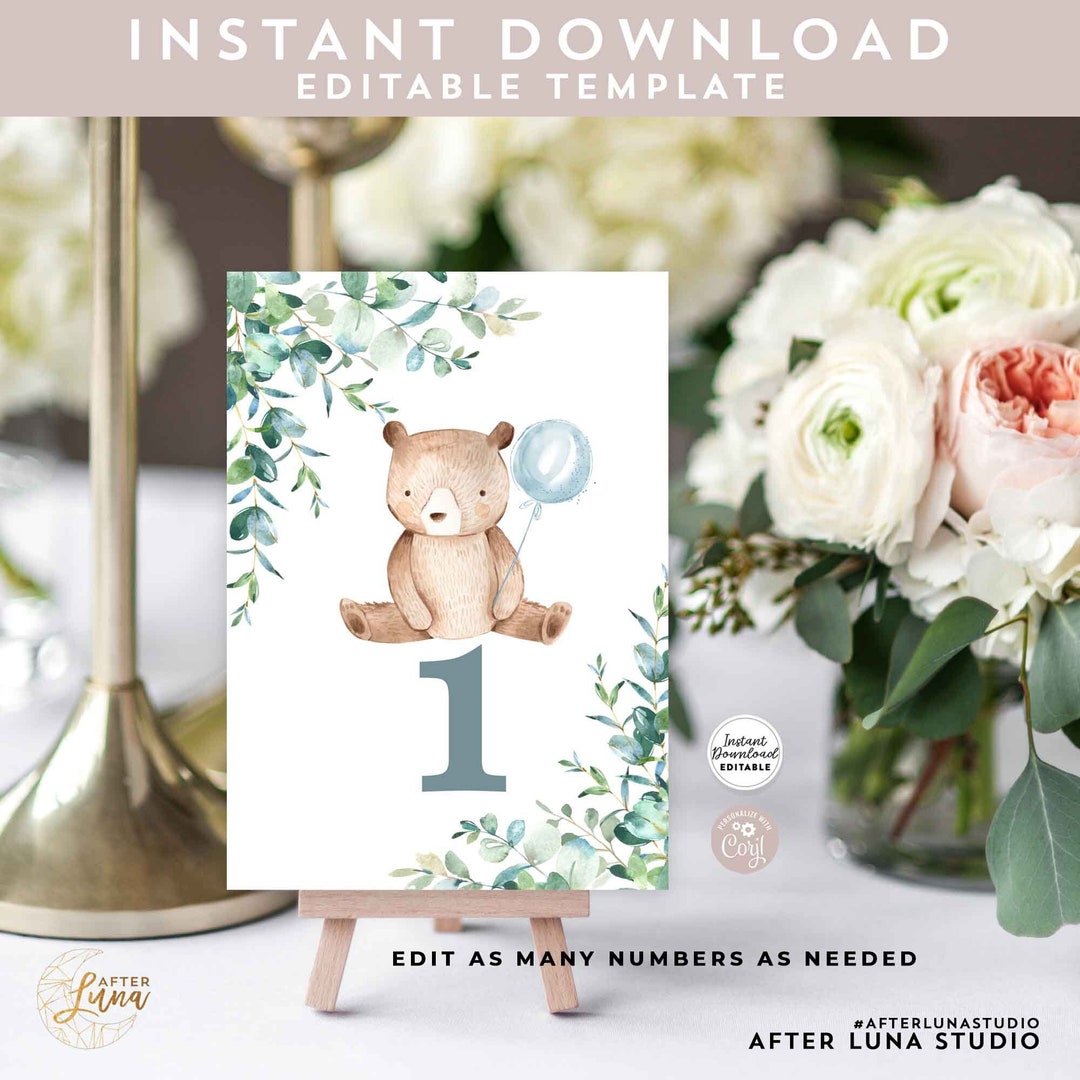 Editable Greenery Blue Teddy Bear 5x7" Table Number Unlimited Numbers ...