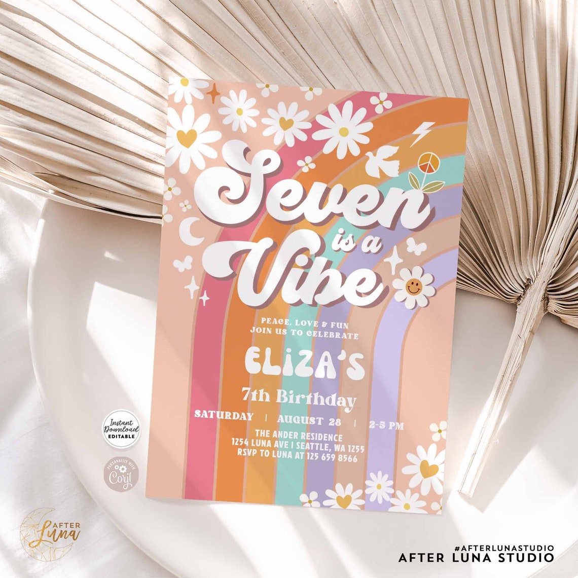 Editable Groovy 7th Birthday SEVEN is a Vibe Daisy Rainbow Hippie ...