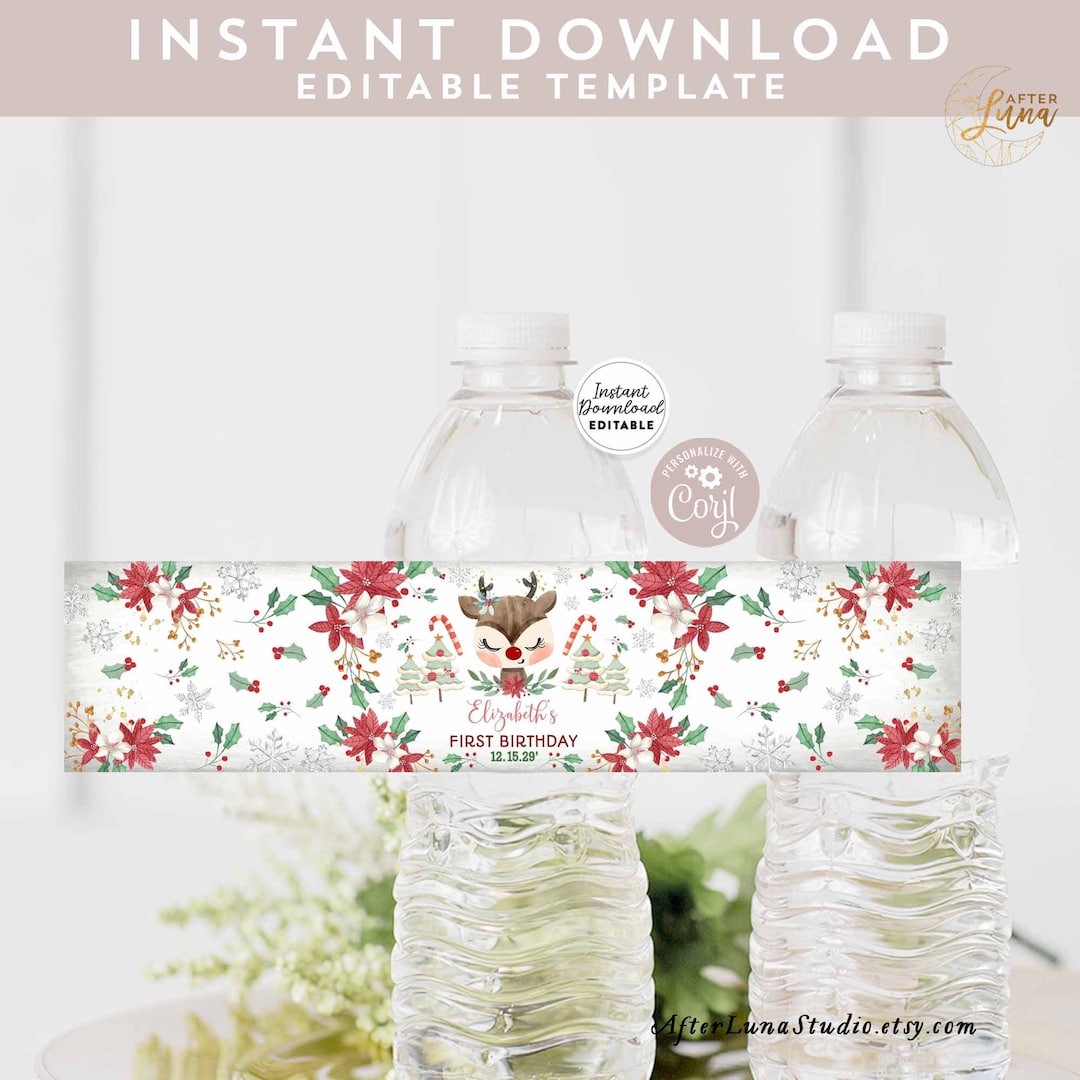 Editable Reindeer Water Bottle Label Printable Christmas Birthday Party ...