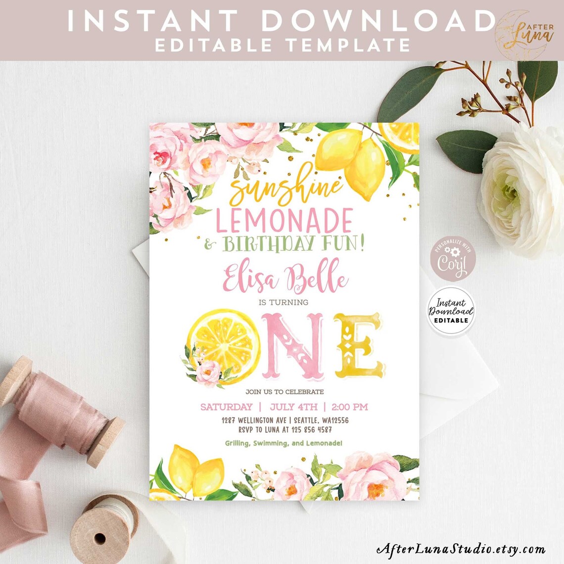 Editable Lemonade First Birthday Invitation Pink Lemon - Etsy