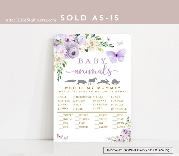 Purple Gold Butterfly Baby Animals Game Printable Virtual - Etsy