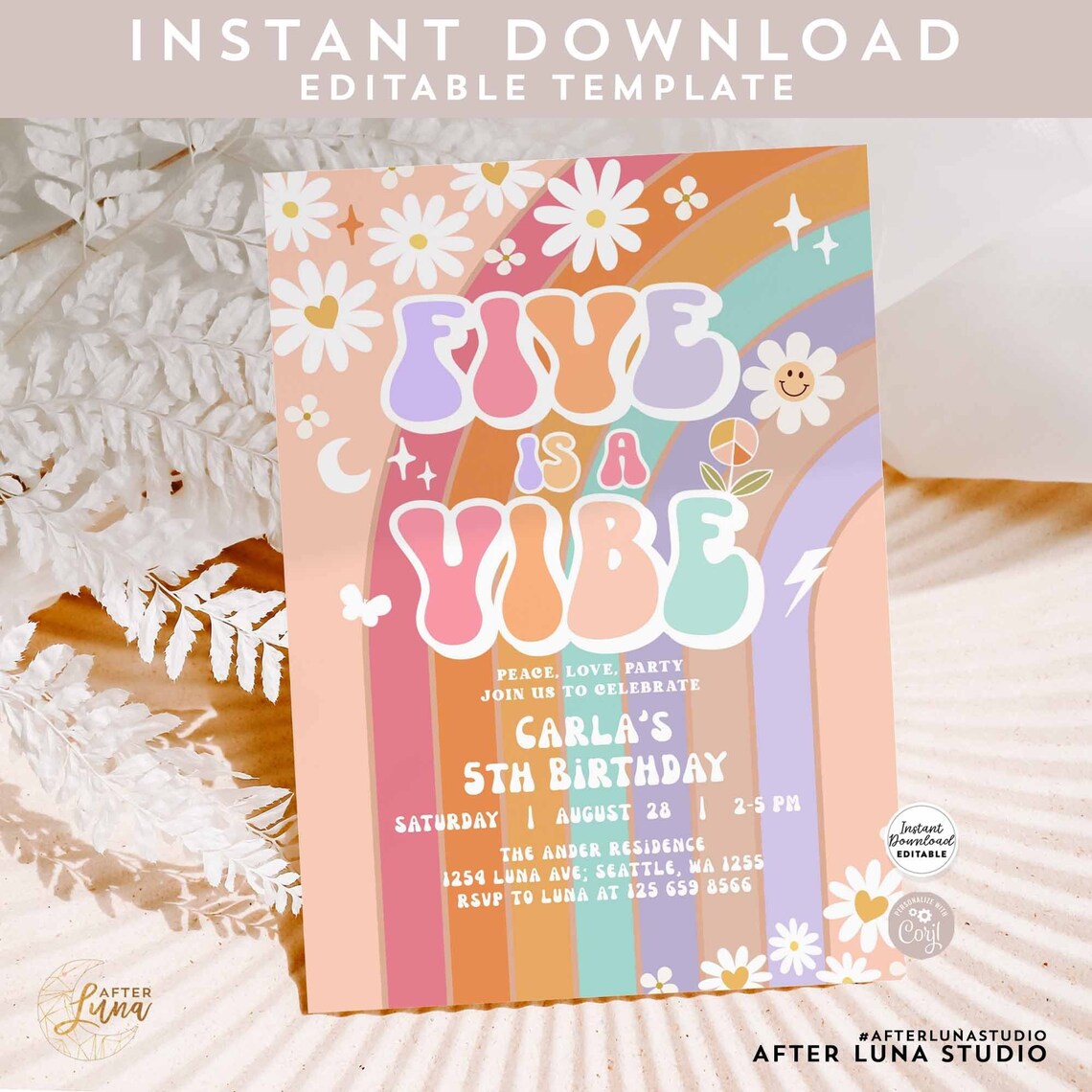 Editable FIVE is a Vibe Invite Daisy Rainbow Groovy 5th - Etsy