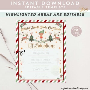 EDITABLE Boy Elf Adoption Certificate Editable Printable Elf Adoption ...