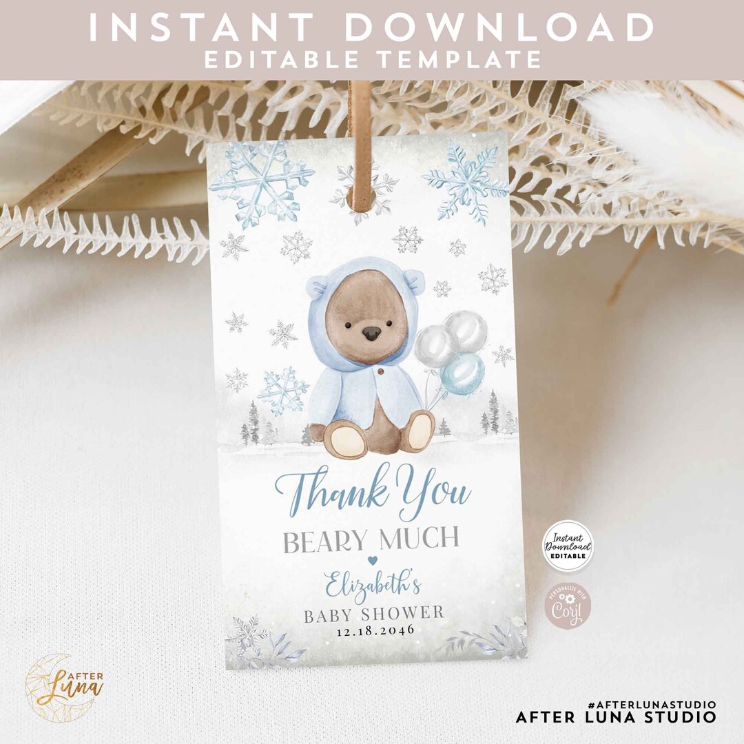 Editable Winter Blue Snowflake Boy Teddy Bear Snowflake Baby Shower ...