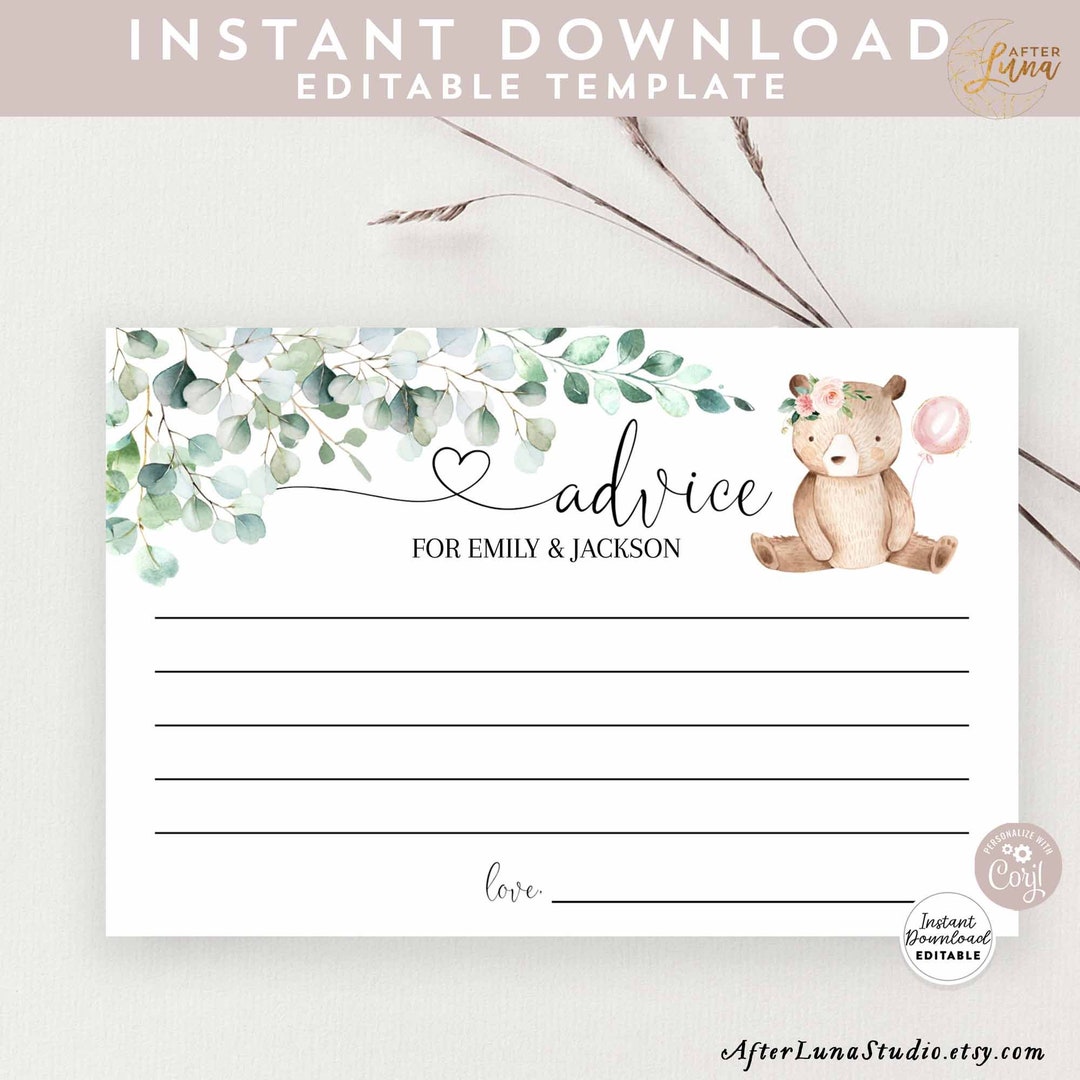 Editable Personalized Greenery Pink Girl Teddy Bear Baby Advice for Mom ...