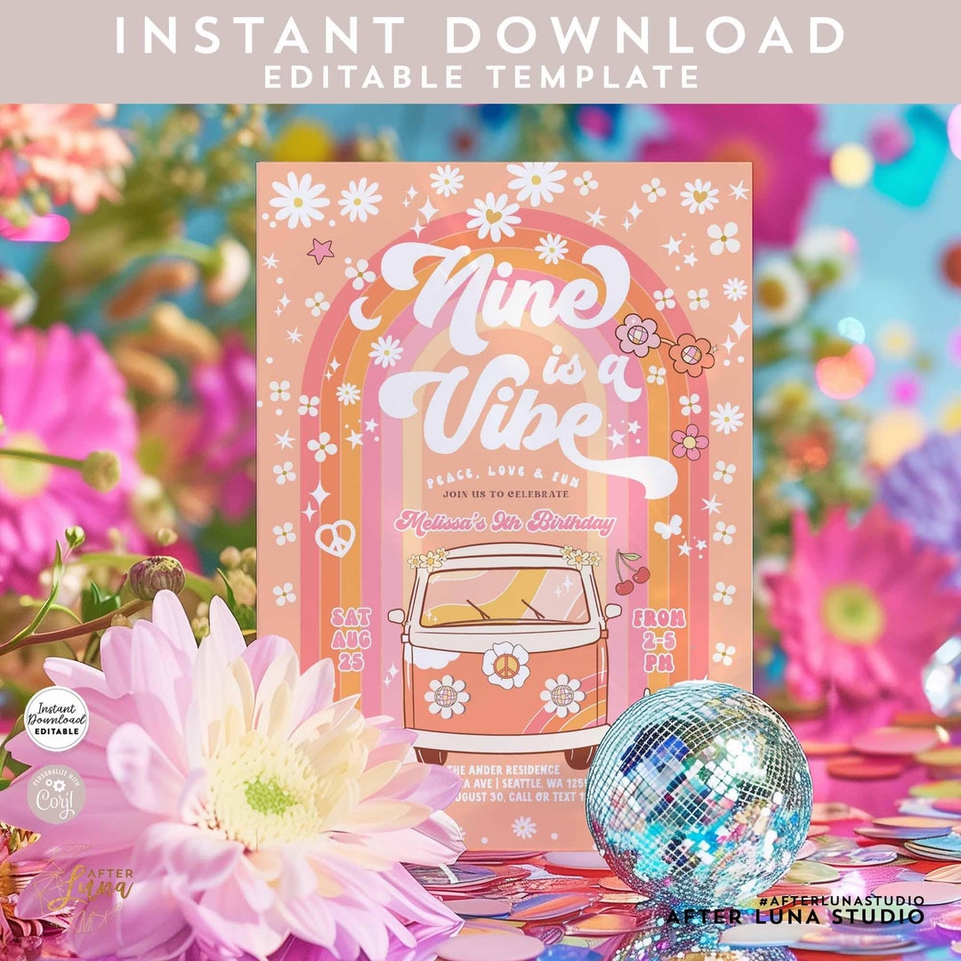 Editable Groovy Nine is a Vibe Van Bus 9th Birthday Invite Daisy Hippie ...