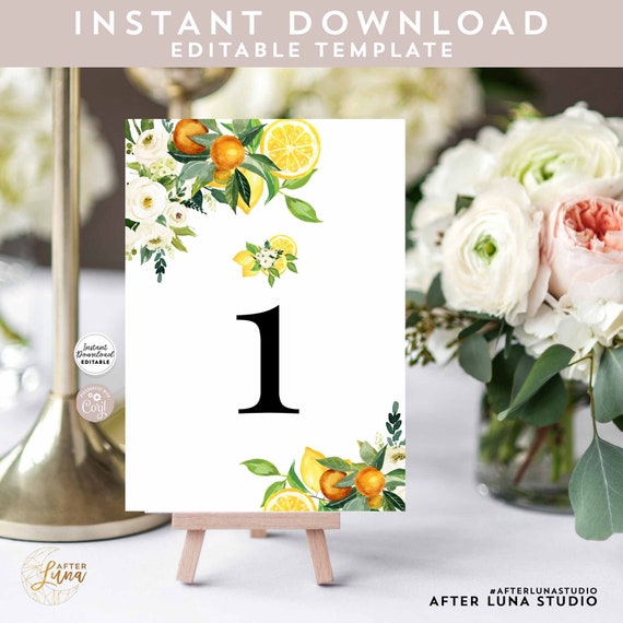 Editable White Floral Orange Lemon Table Number Unlimited - Etsy
