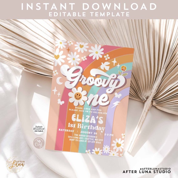 Editable Daisy Rainbow Green Blue Peach Groovy ONE 1st | Etsy