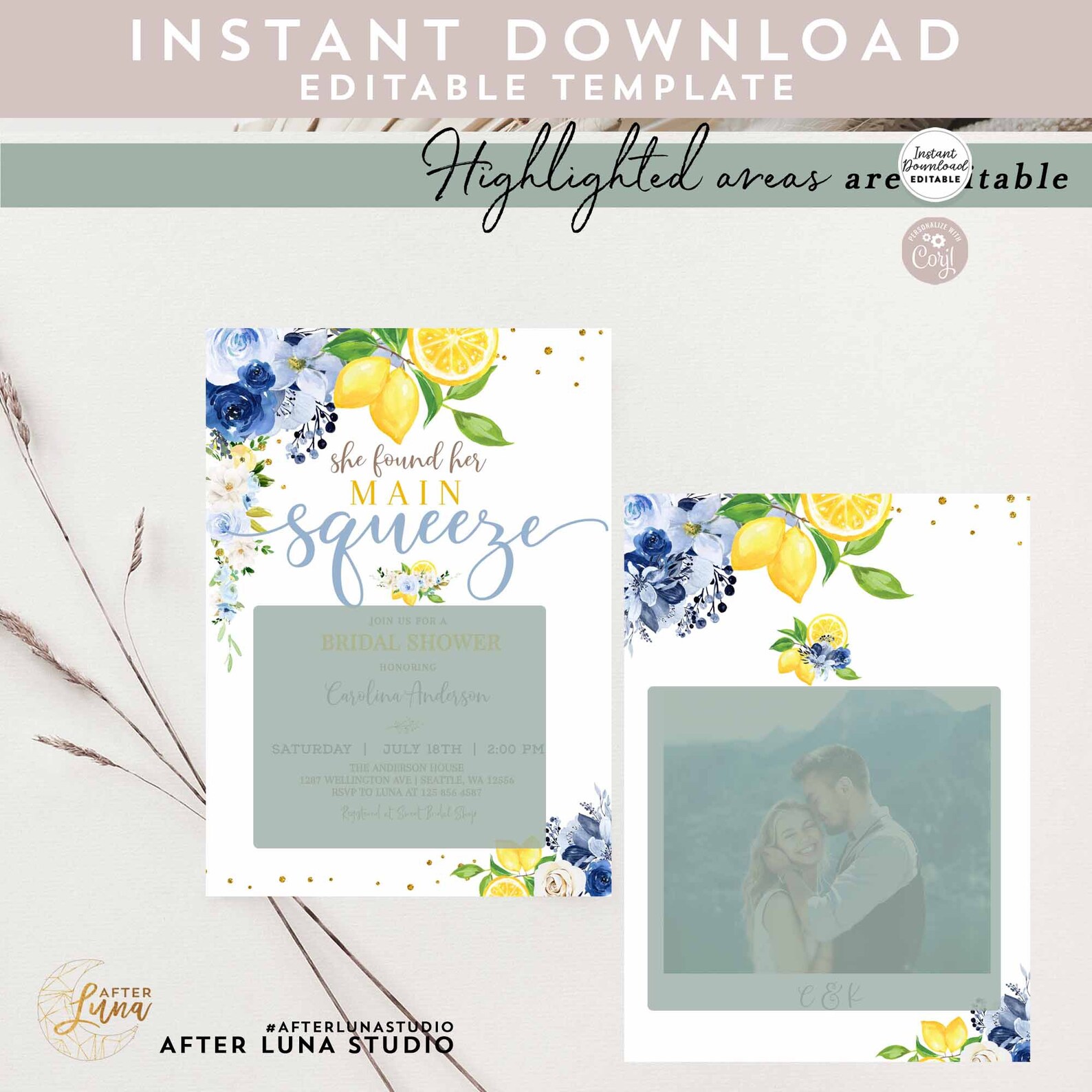 Editable Blue Lemon Bridal Shower Invitation Blue Floral Citrus She ...