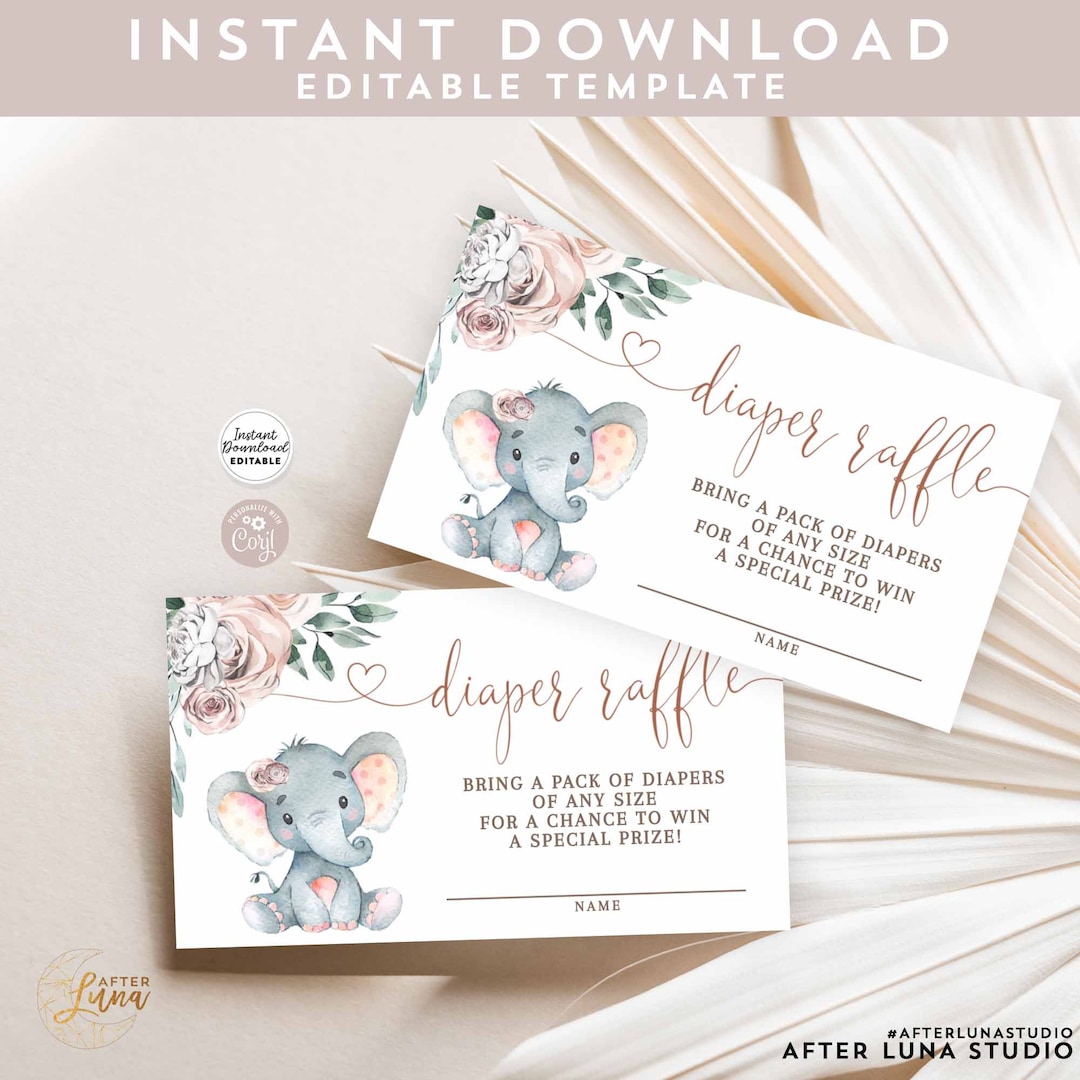 Editable Dusty Pink Floral Elephant Girl Baby Shower Sprinkle Diaper ...
