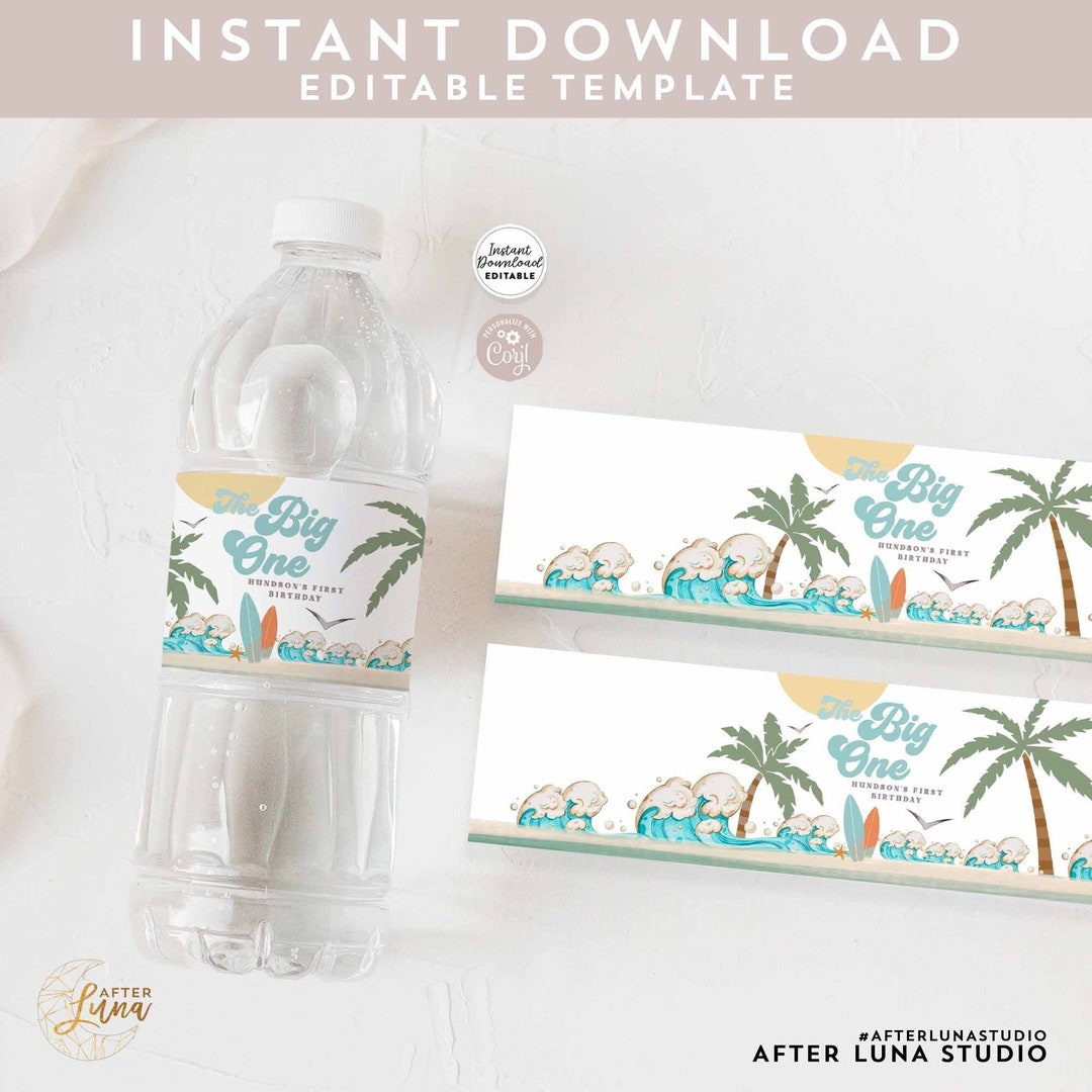 Editable Surfboard Beach Water Bottle Label Boy the Big One Surf up ...