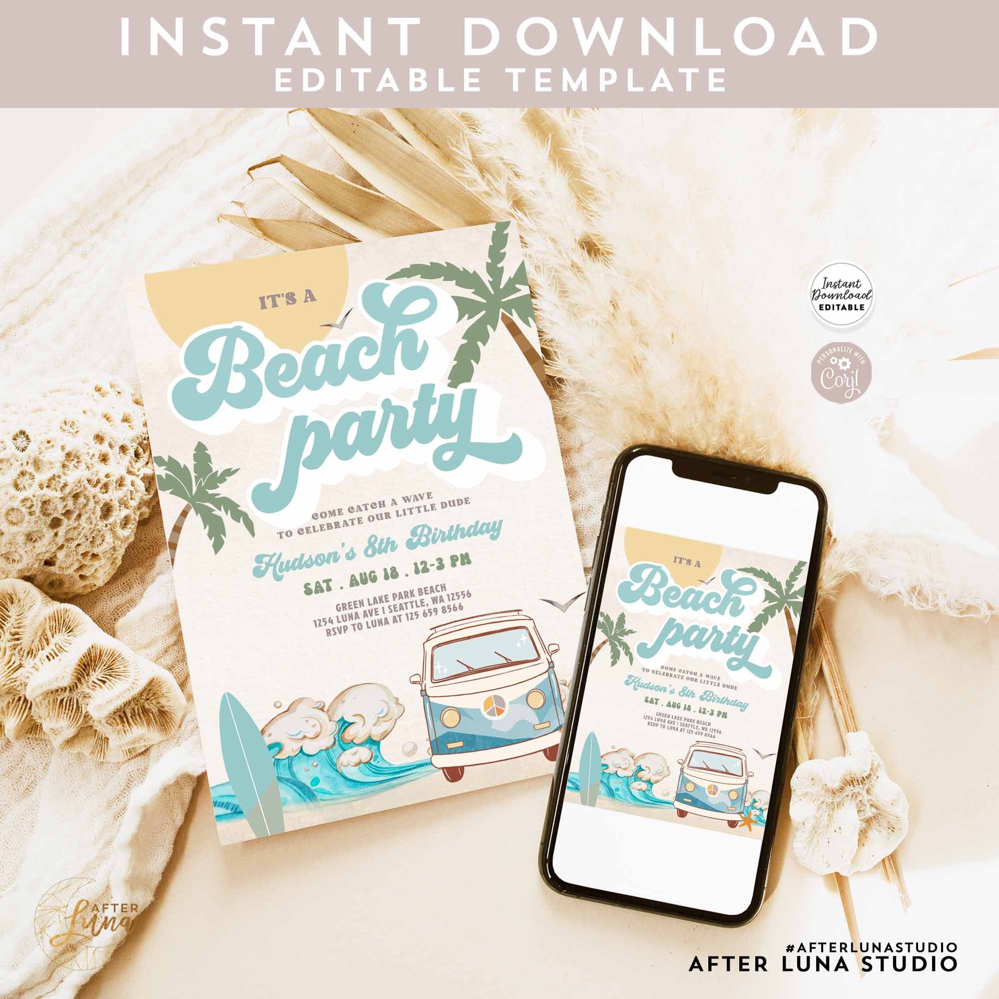 Editable It's a Beach Party Surfing Birthday Party Invitation Retro Boy ...