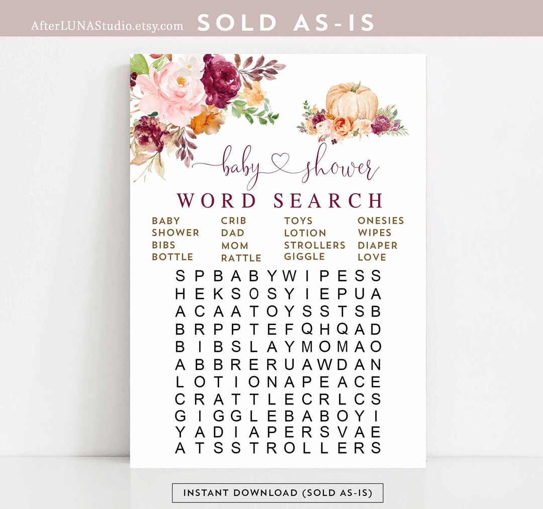 Burgundy Fall Pumpkin Baby Shower Game Baby Word Search Game Baby ...
