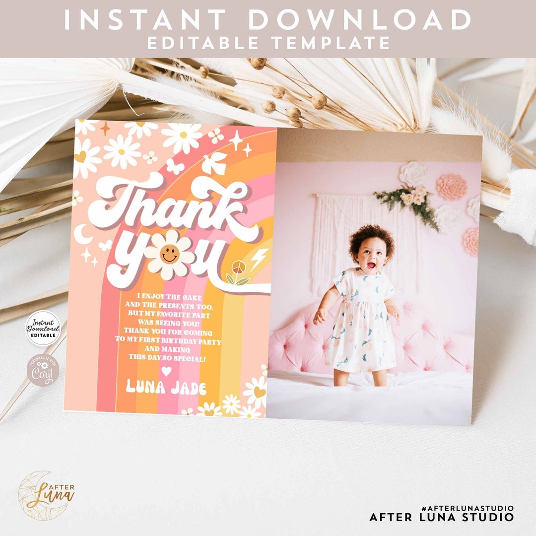 Editable Pink Orange Peach Groovy Rainbow Photo Thank You Flat Note ...