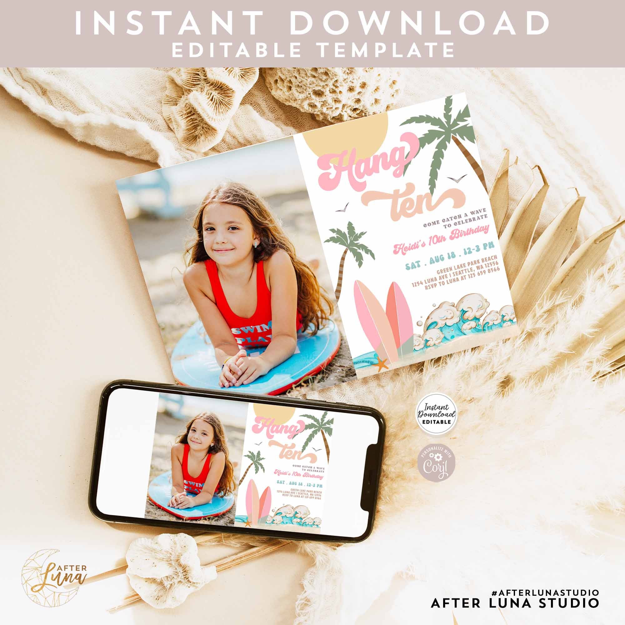Editable Girl Hang Ten Surfing Birthday Party PHOTO Invitation Pink ...