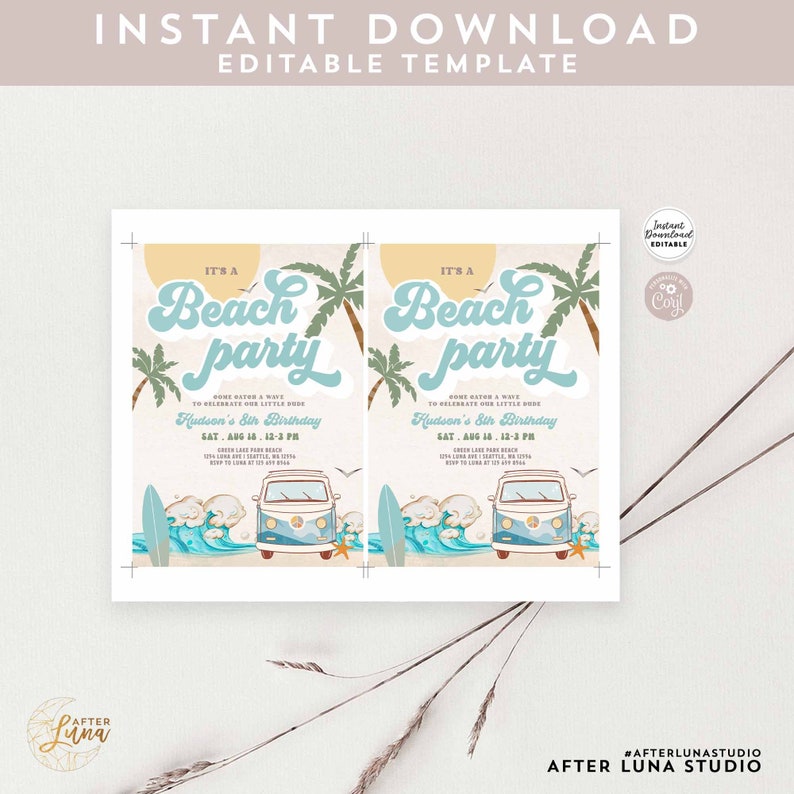Editable It's a Beach Party Surfing Birthday Party Invitation Retro Boy ...
