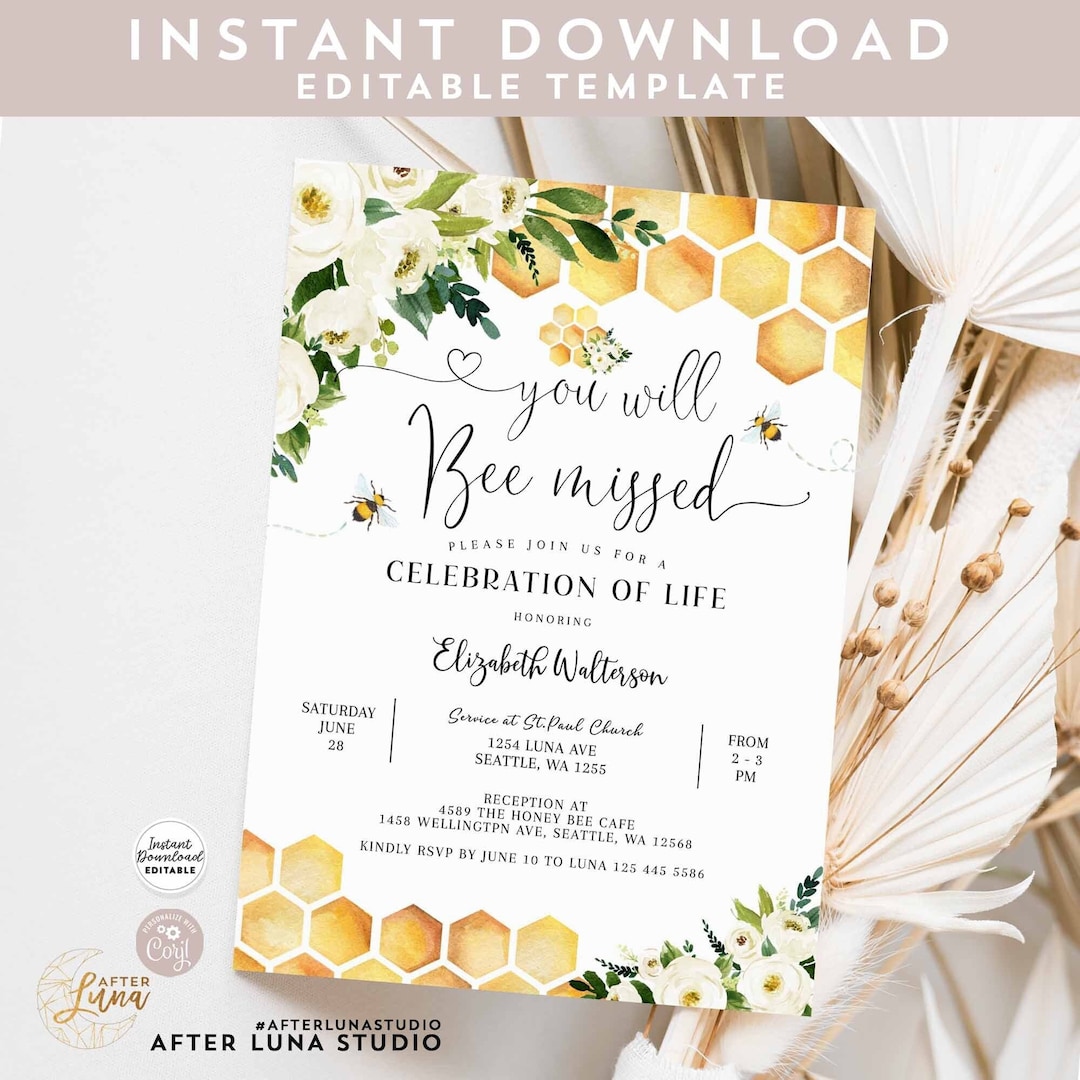 Editable Bee Funeral Invitation Bumble Honey Bee Celebration of Life ...