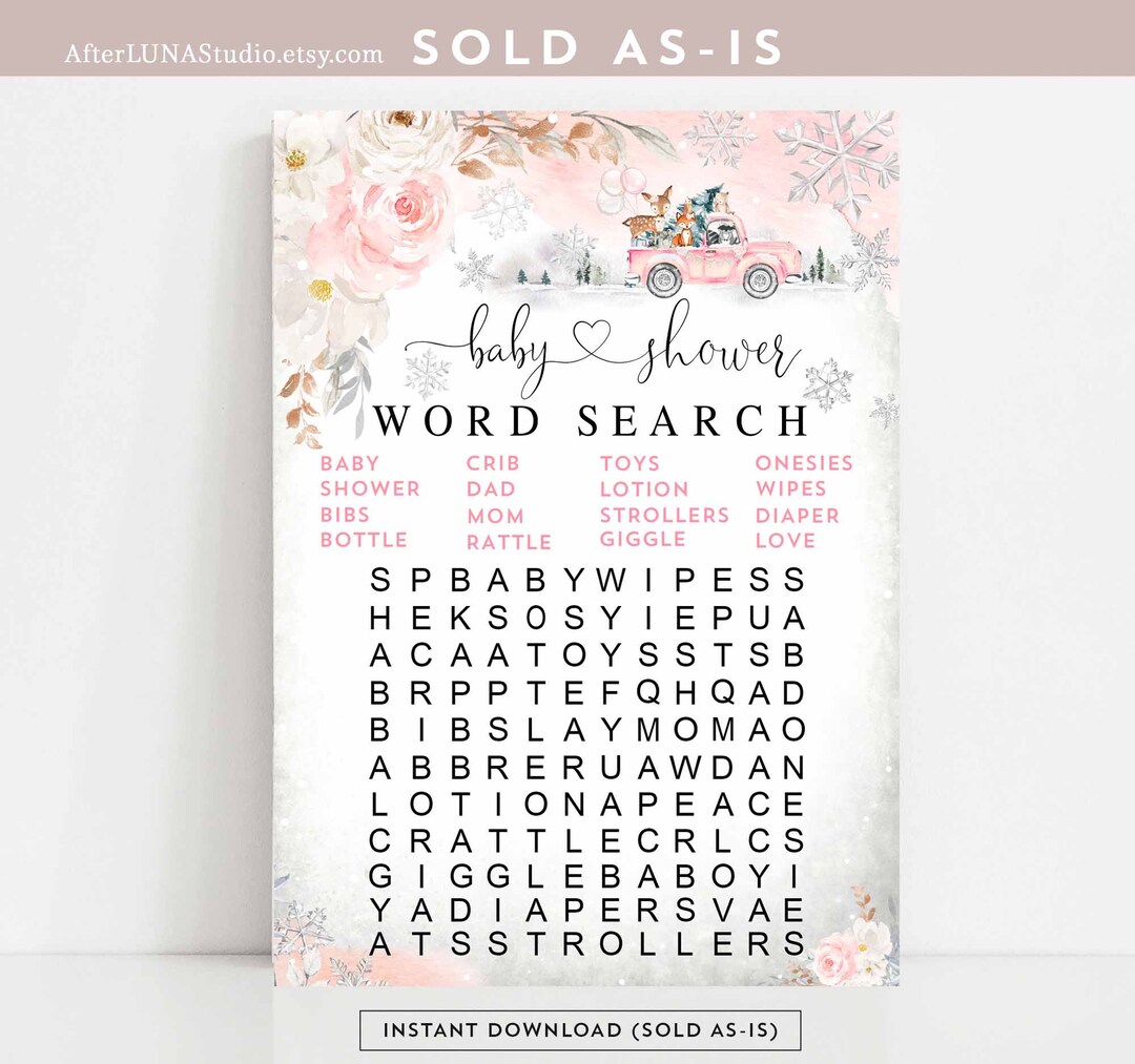 Winter Woodland Pink Truck Baby Shower Game Baby Word Search Game ...