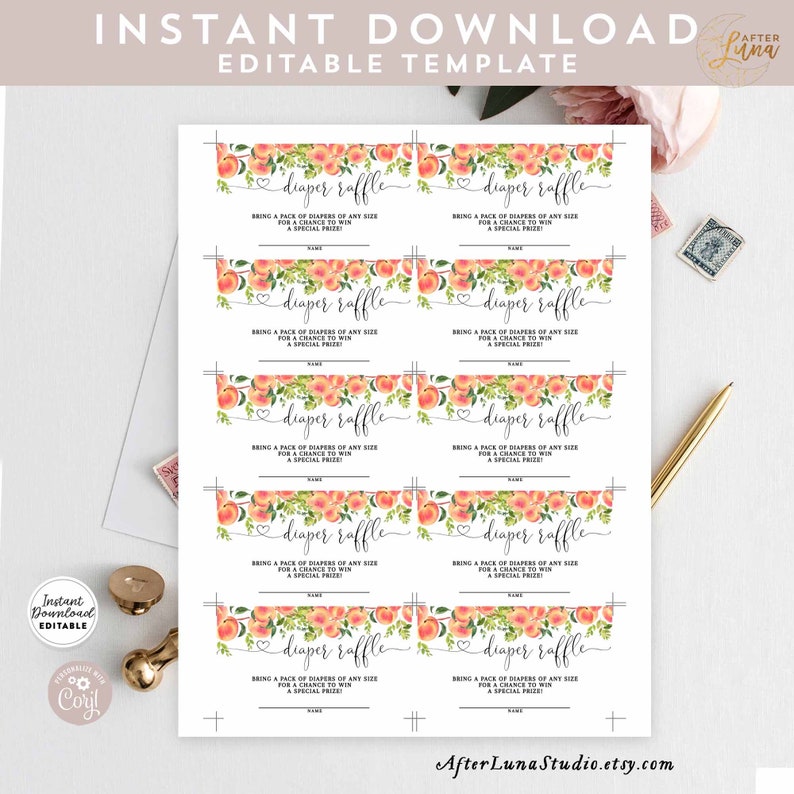 Editable Little Peach Baby Shower Diaper Raffle Ticket White Floral ...
