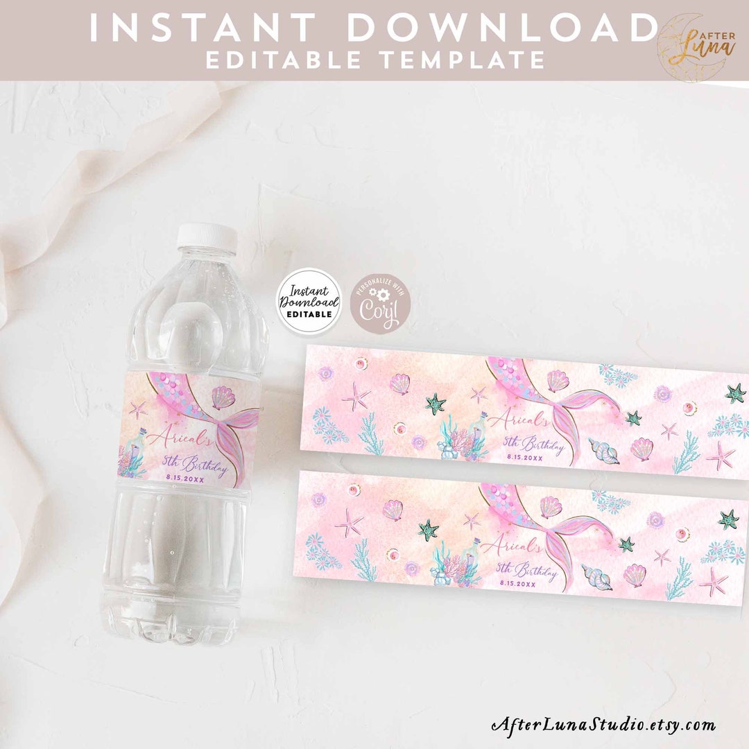 Editable Mermaid Under the Sea Birthday Water Bottle Label Mermaid Pool ...