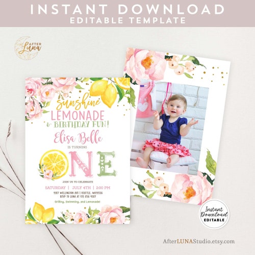 Editable Lemonade First Birthday Invitation Pink Lemon - Etsy