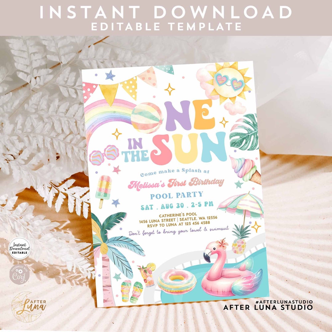 Editable Girl ONE in the Sun Pool Party Birthday Invitation Girly Pool ...
