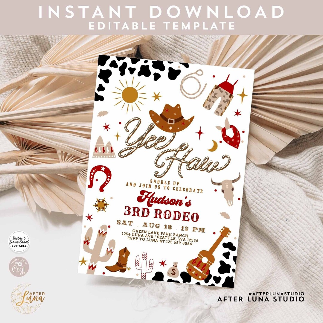 Editable ANY AGE Red Cowboy Yee Haw Rodeo Invitation 2nd 3rd 4th 5th ...