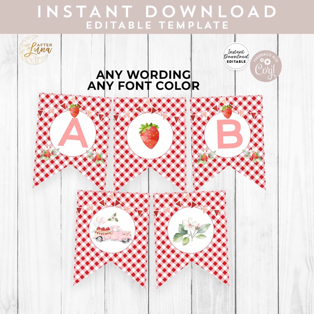 Editable ANY WORDING Pennant Banner 8.5x11" Berry Sweet Strawberry ...