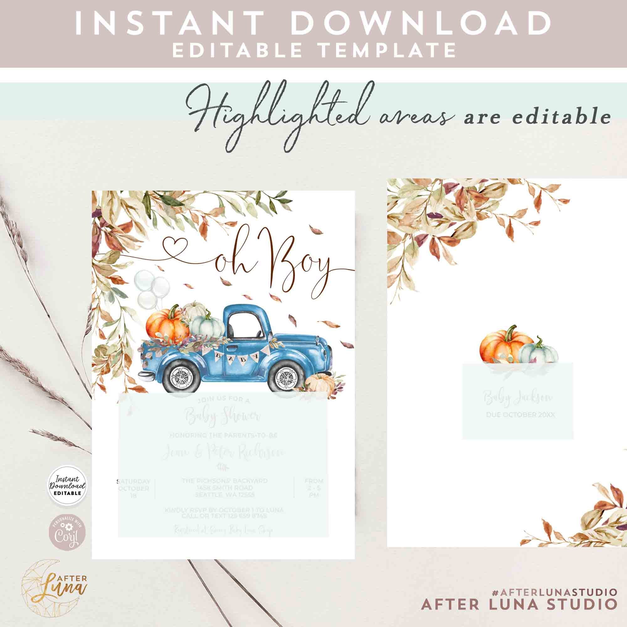 Editable Fall Blue Pumpkin Pickup Truck Oh Boy Baby Shower - Etsy