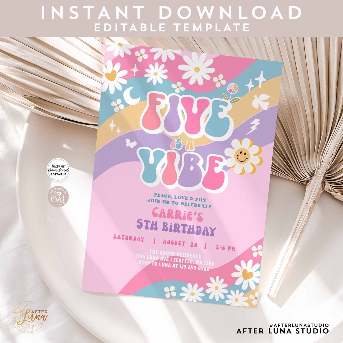 Editable Five is A Vibe Groovy Birthday Invite Pink Purple - Etsy
