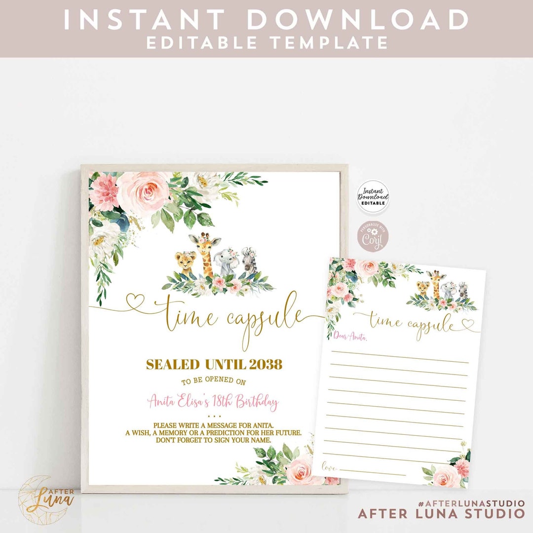 Editable Greenery Gold Wild One Two Wild Time Capsule Sign and Card ...