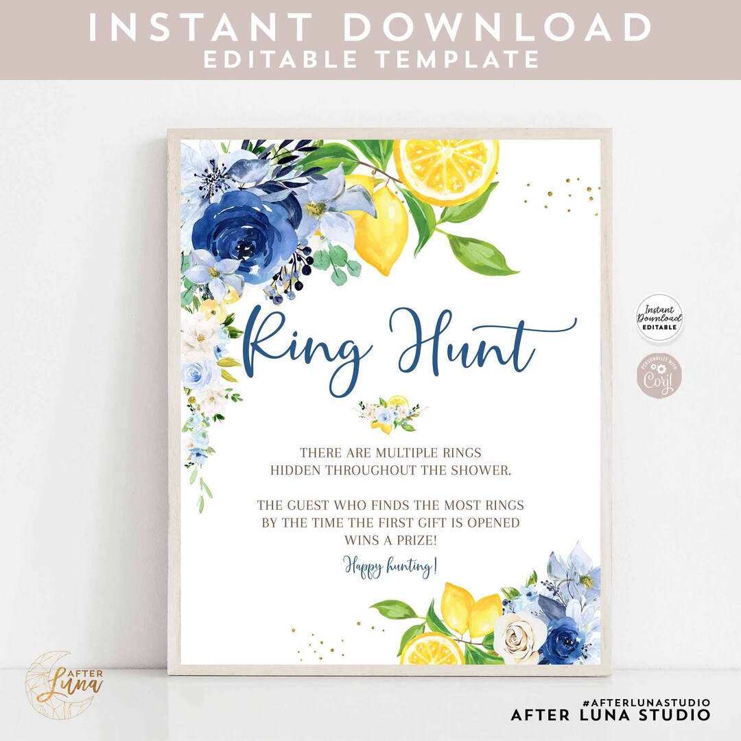 Editable Lemon Ring Hunt Game Blue Floral Lemon Printable Citrus She ...
