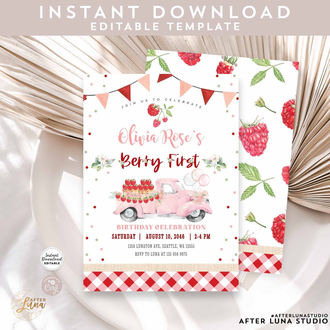 Editable RASPBERRY 1st Berry First Birthday Invitation Raspberry Berry ...