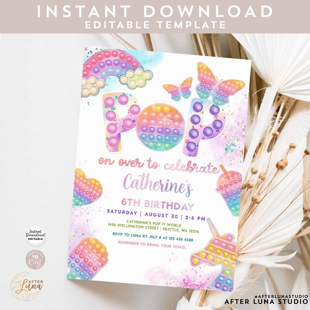 Editable ANY AGE Pop It Birthday Invitation Printable Pop It Unicorn ...