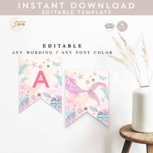 Editable ANY WORDING Mermaid Pennant Banner 8.5x11" Under the Sea ...