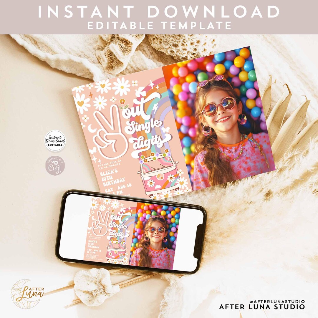 Editable Rainbow Peace Out Single Digits Groovy 10th Birthday Pink Van ...