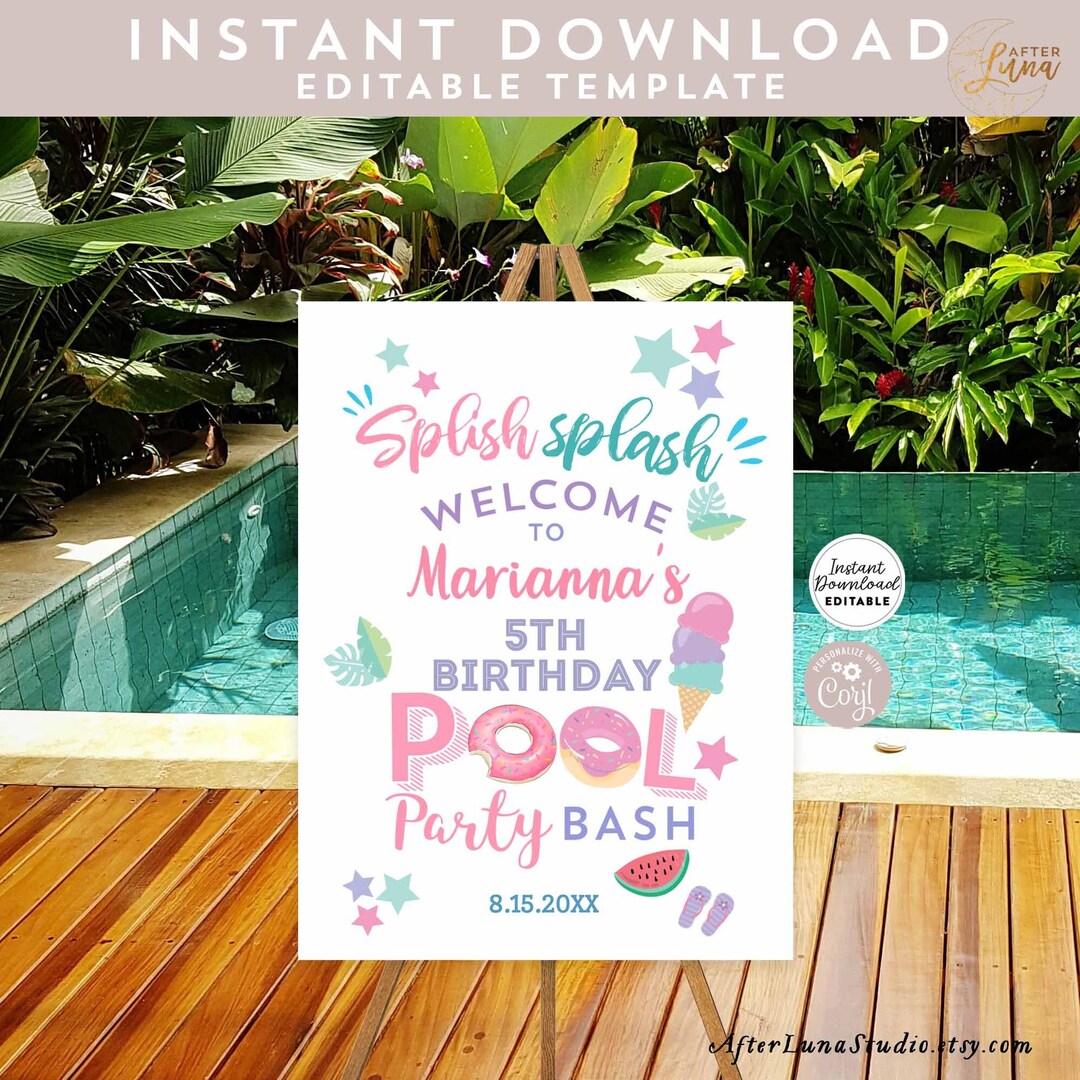 Editable Splish Splash Pool Side Party Birthday Welcome Yard Sign Ice ...