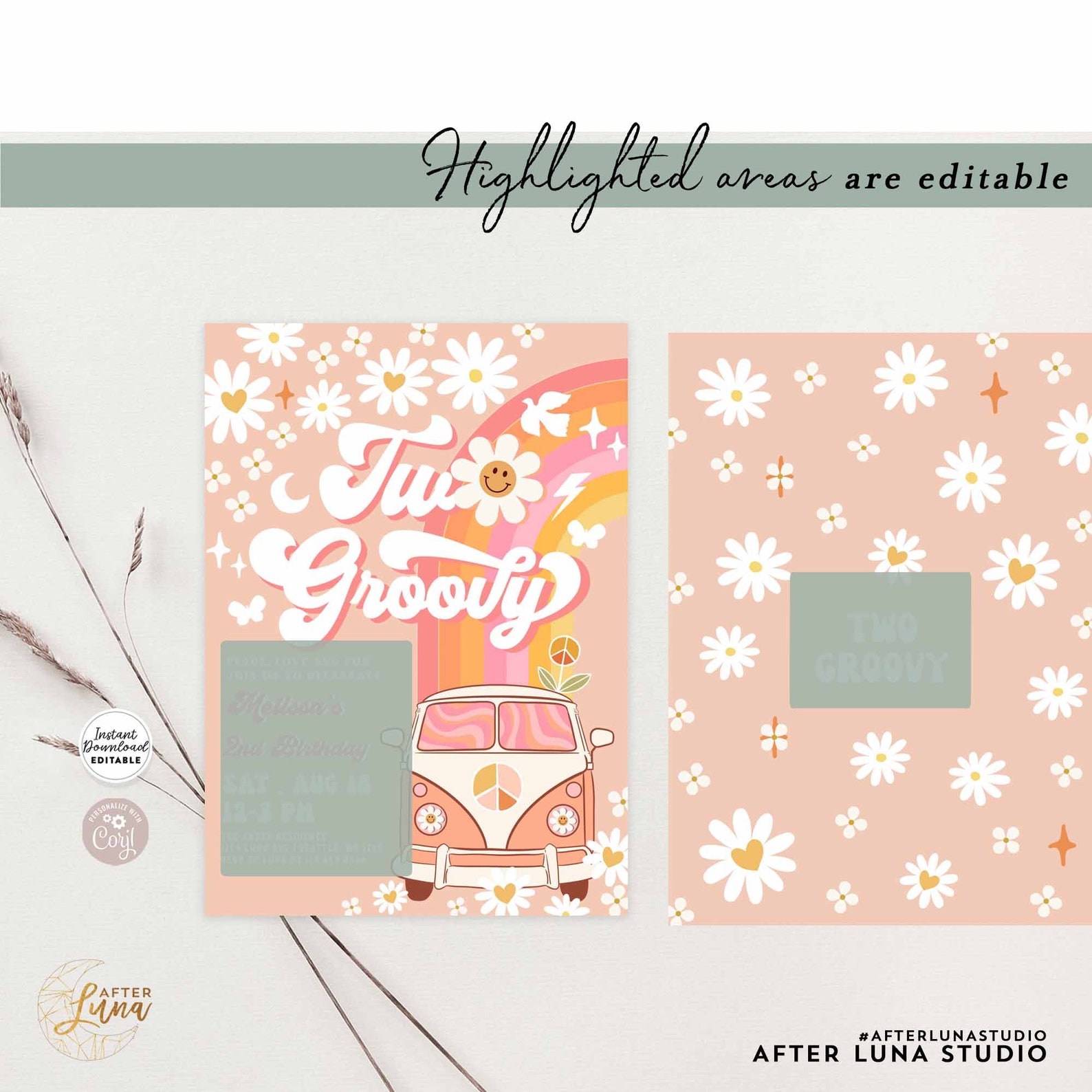 Editable TWO Groovy Girl Pink Peach Van Daisy Rainbow Groovy - Etsy