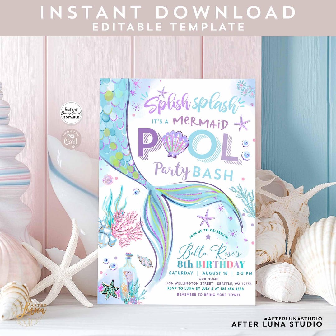 Mermaid Pool Party Invitation: Splish Splash Birthda Undersea Invite ...