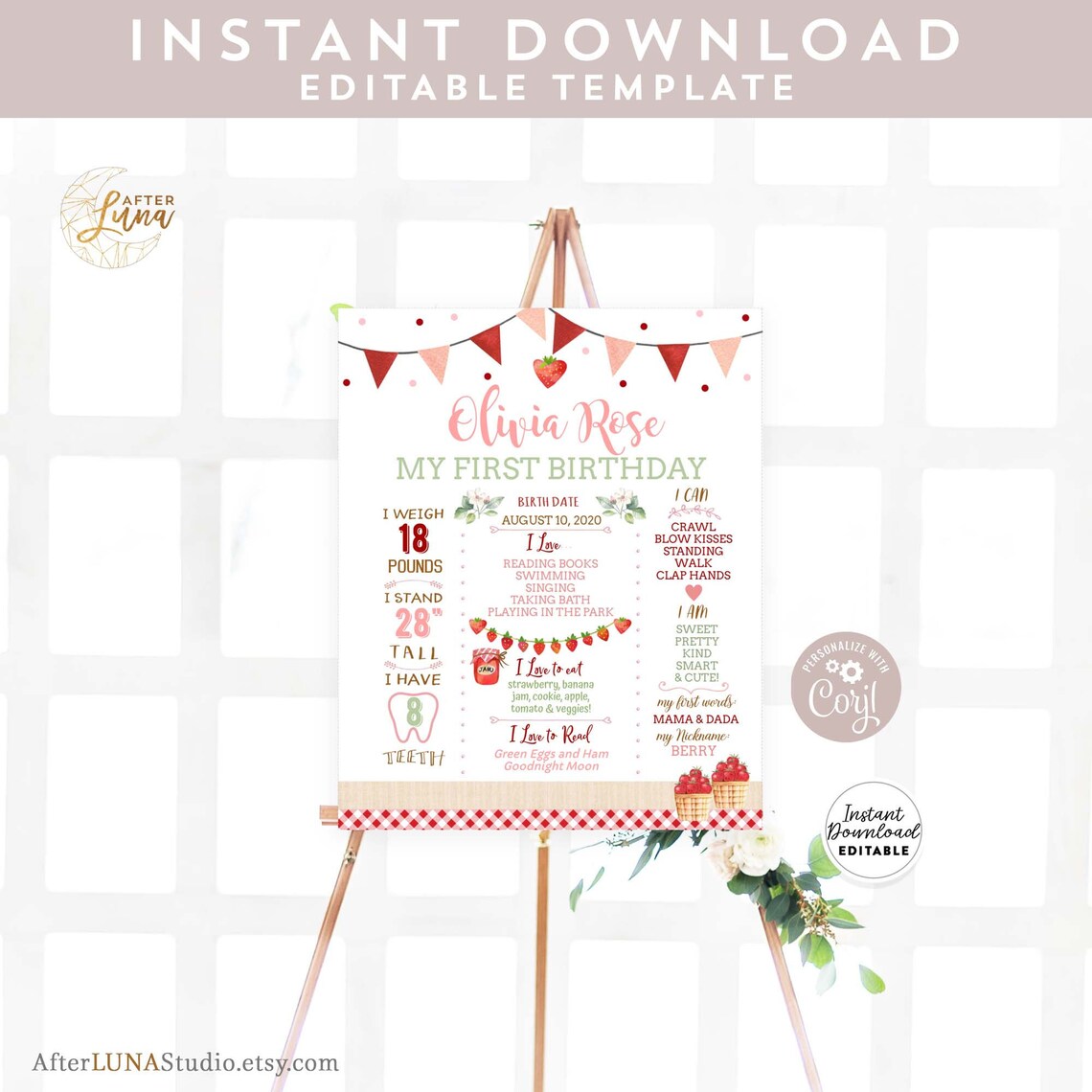 Editable Strawberry Milestone Poster Template Birthday Facts Berry ...