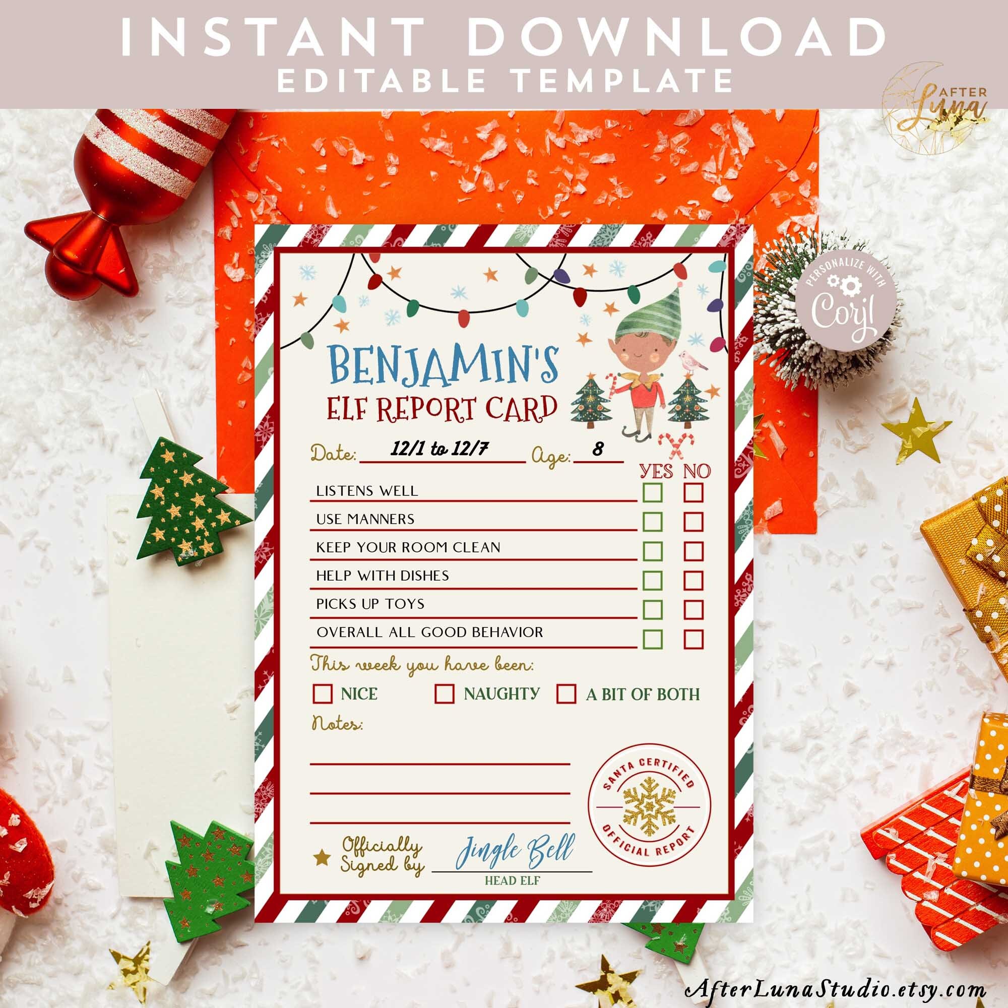 EDITABLE Boy Elf Report Card Printable Green Red Stripes Elf | Etsy Canada