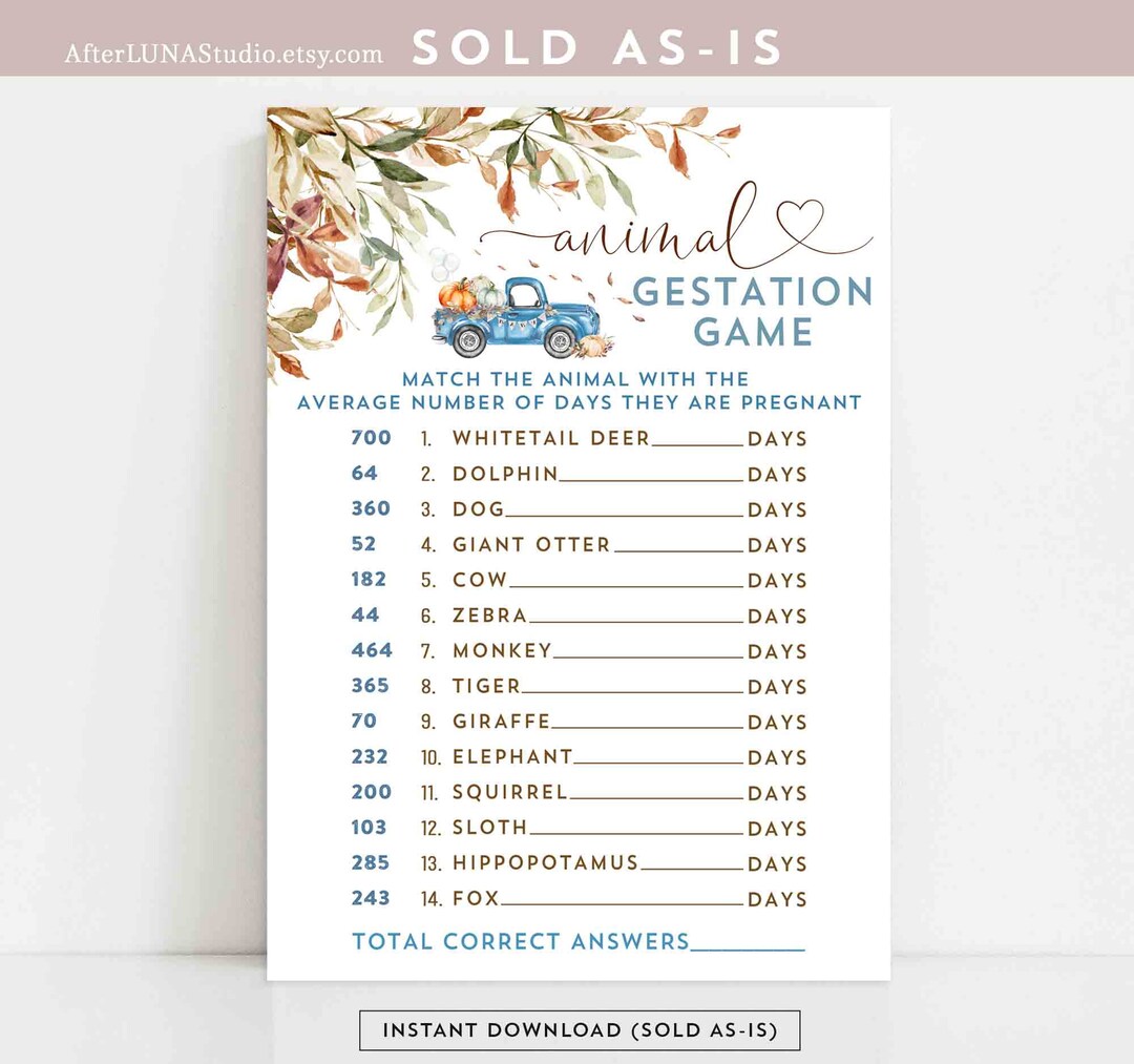 Fall Pumpkin Blue Truck Baby Shower Game Animal Gestation Game Fall ...