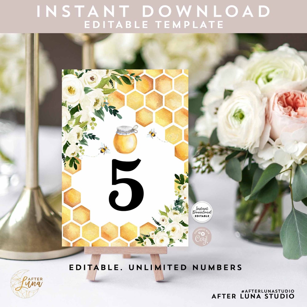 Editable 5x7" Bee Table Number Little Honey Bumble Bee Table Decor ...