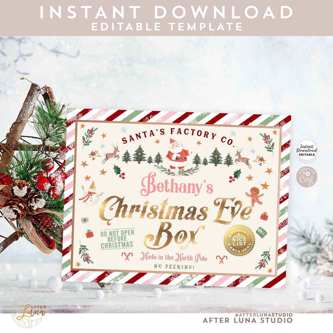 Pink Christmas Eve Box Label: Santa Xmas Eve Traditions Template ...