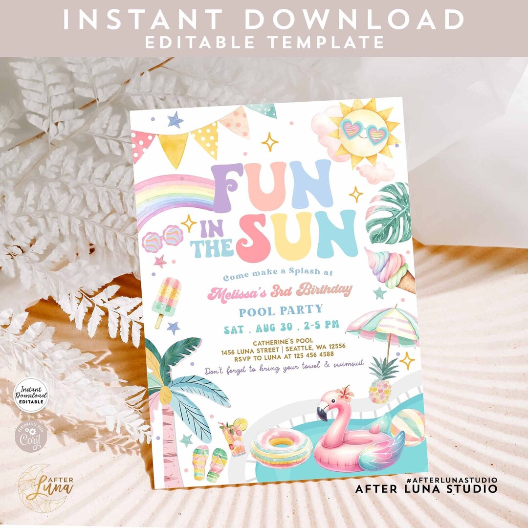 Editable ANY AGE Fun in the Sun Pool Party Birthday Invitation Girly ...