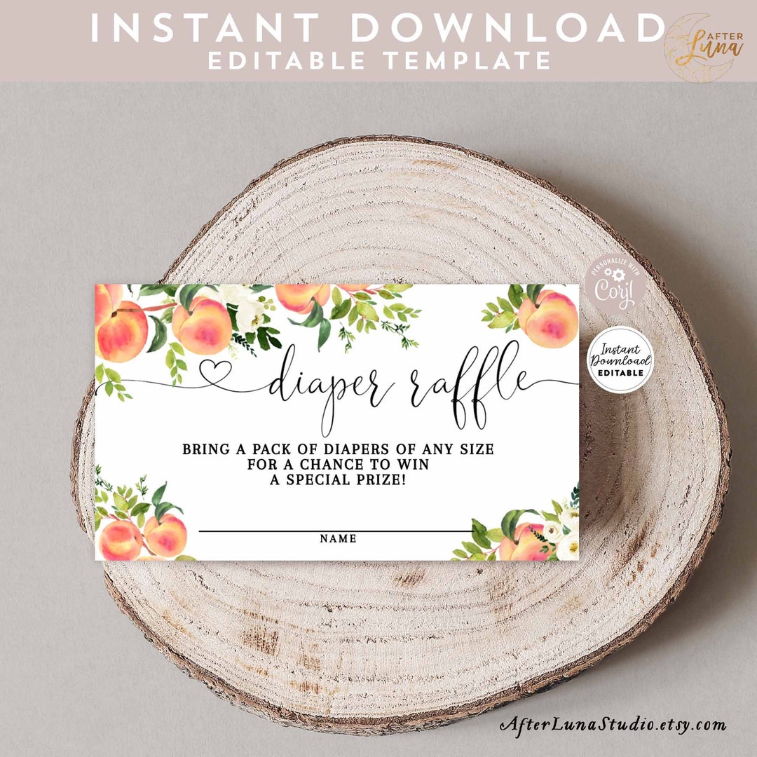 Editable Little Peach Baby Shower Diaper Raffle Ticket White Floral ...