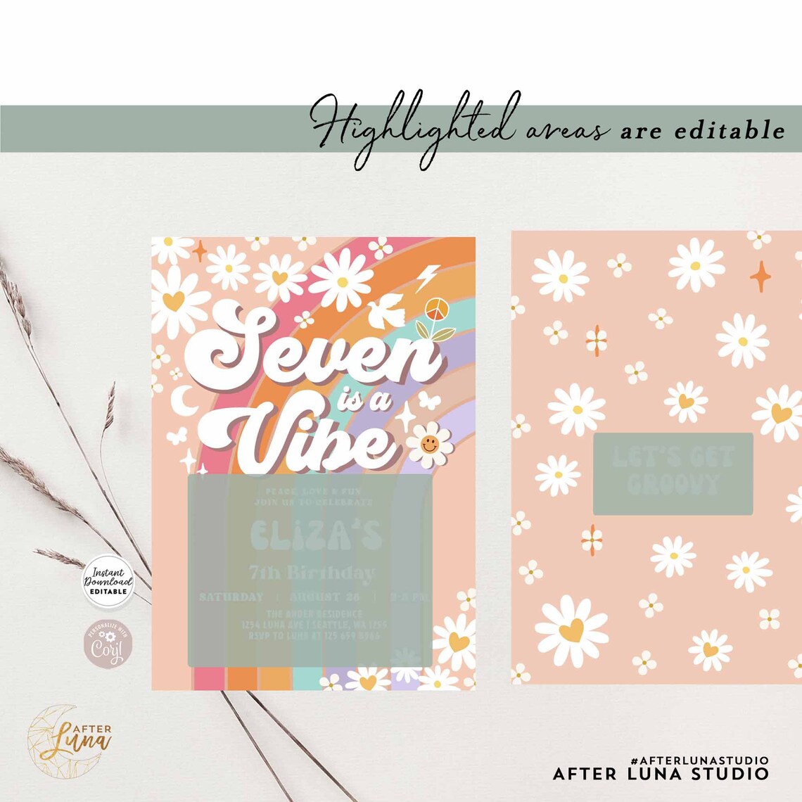 Editable Groovy 7th Birthday SEVEN is a Vibe Daisy Rainbow Hippie ...